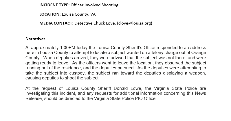Louisa County Sheriff Office press release for officer involved ...