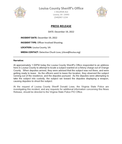 Louisa County Sheriff Office press release for officer involved ...