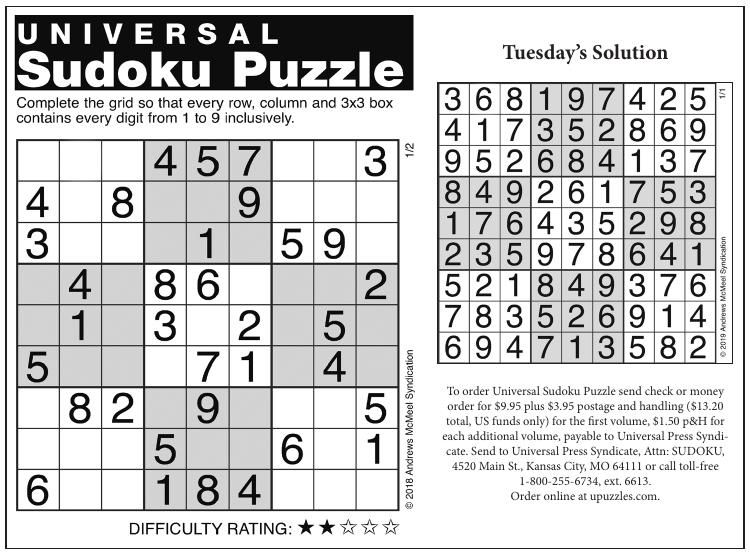 010219 Sudoku | Sudoku | cecildaily.com