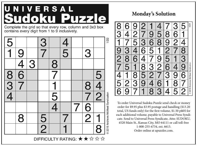 012219 Sudoku | Sudoku | cecildaily.com