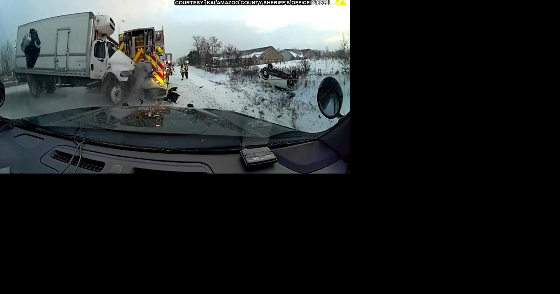 CAUGHT ON DASHCAM: Box truck crashes into emergency vehicles on ...