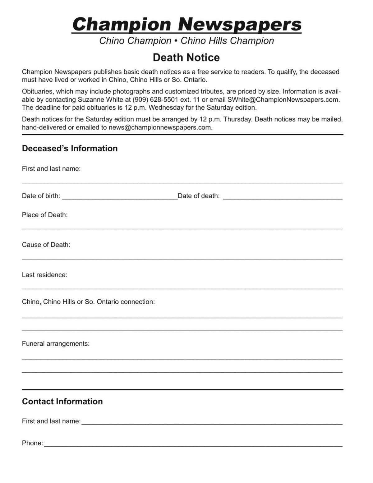 Death Notice | Obituaries | championnewspapers.com