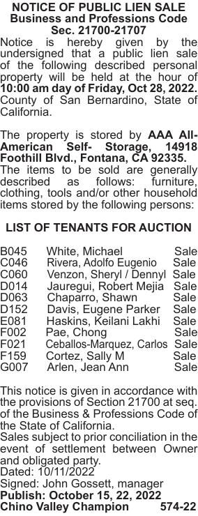 LIEN SALE | Legal Notices | championnewspapers.com