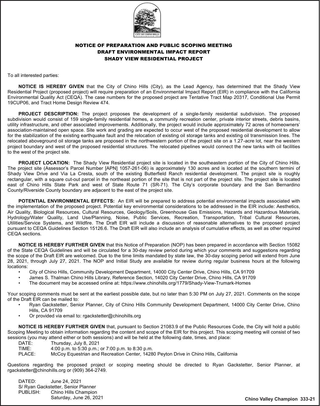 CITY OF CHINO HILLS - NOTICE OF PREPARATION AND PUBLIC SCOPING MEETING ...