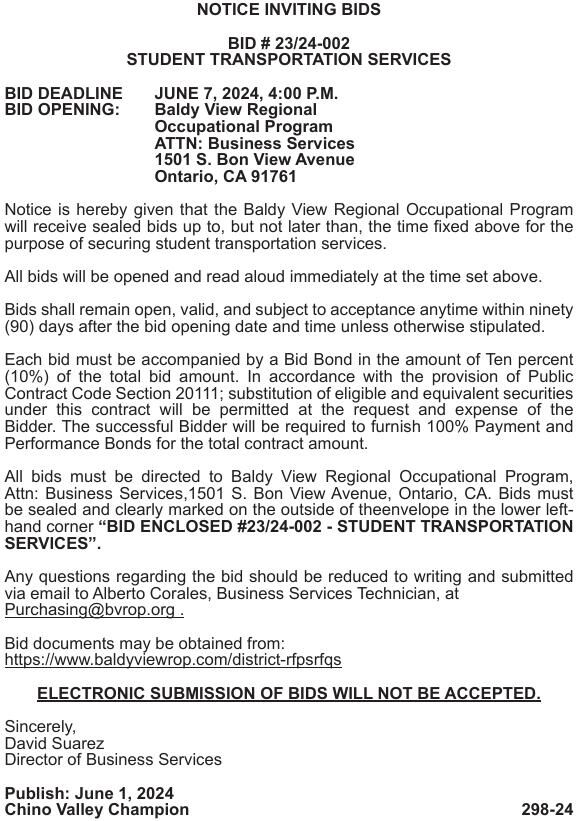 Notice Inviting Bid #298 | Legal Notices | championnewspapers.com