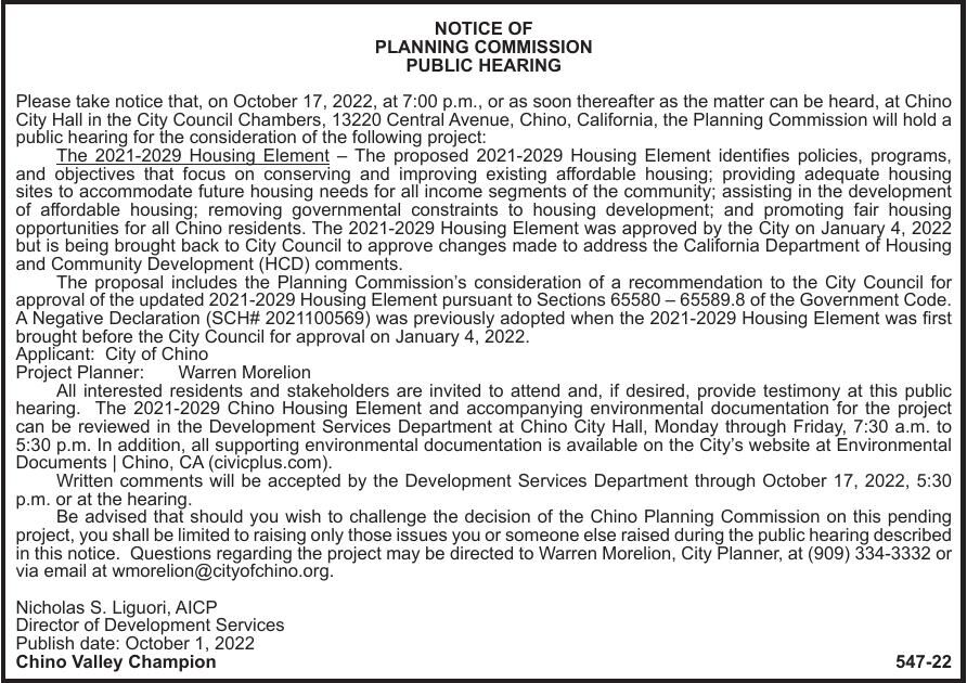 Public Notice - City of Chino | Legal Notices | championnewspapers.com