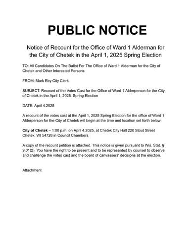 Recount for City of Chetek Ward 1 Alderperson April 4 | Free News ...