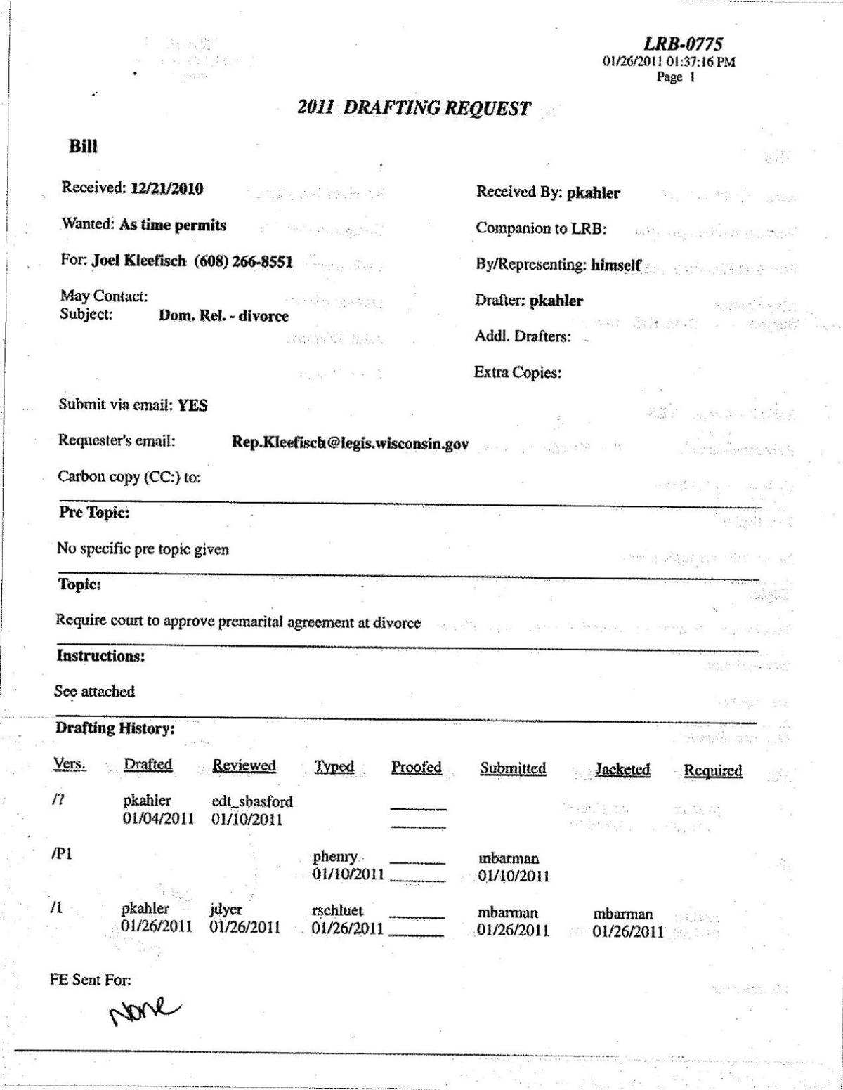 Drafting records for prenuptial agreement bill