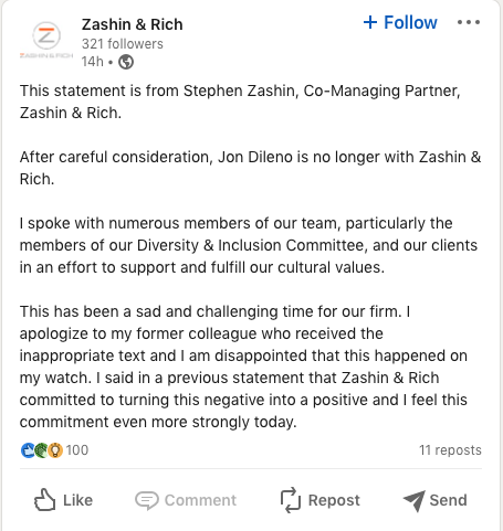 Zashin & Rich attorney let go after text about colleague on maternity ...