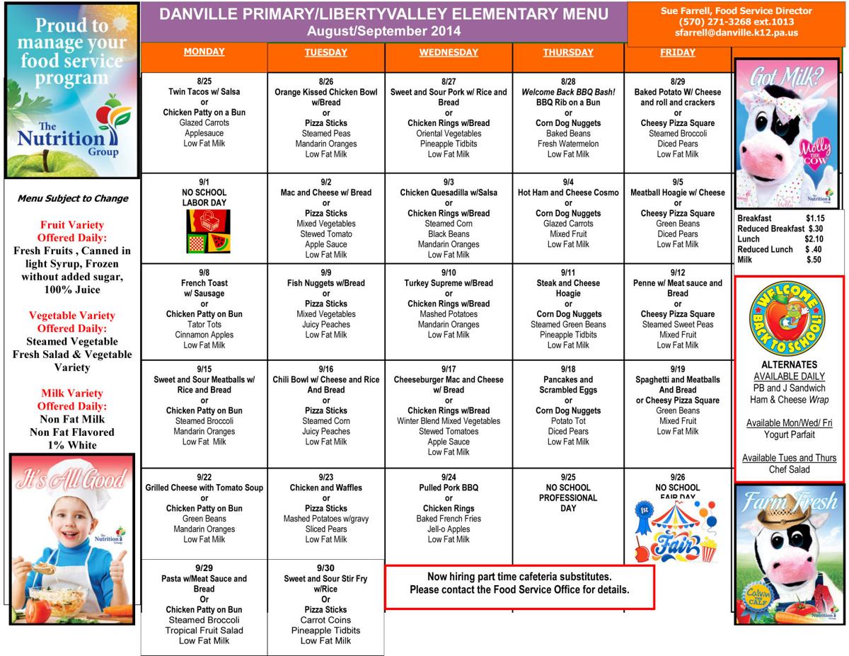 Danville Primary School And Liberty Valley Elementary School Lunch Menu August And September