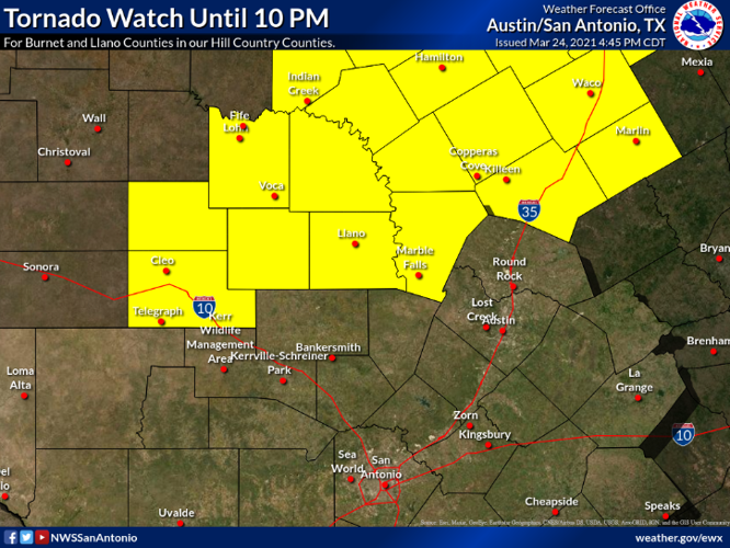 Tornado Watch until 10 p.m. for areas northwest of Kerrville; Kerrville ...