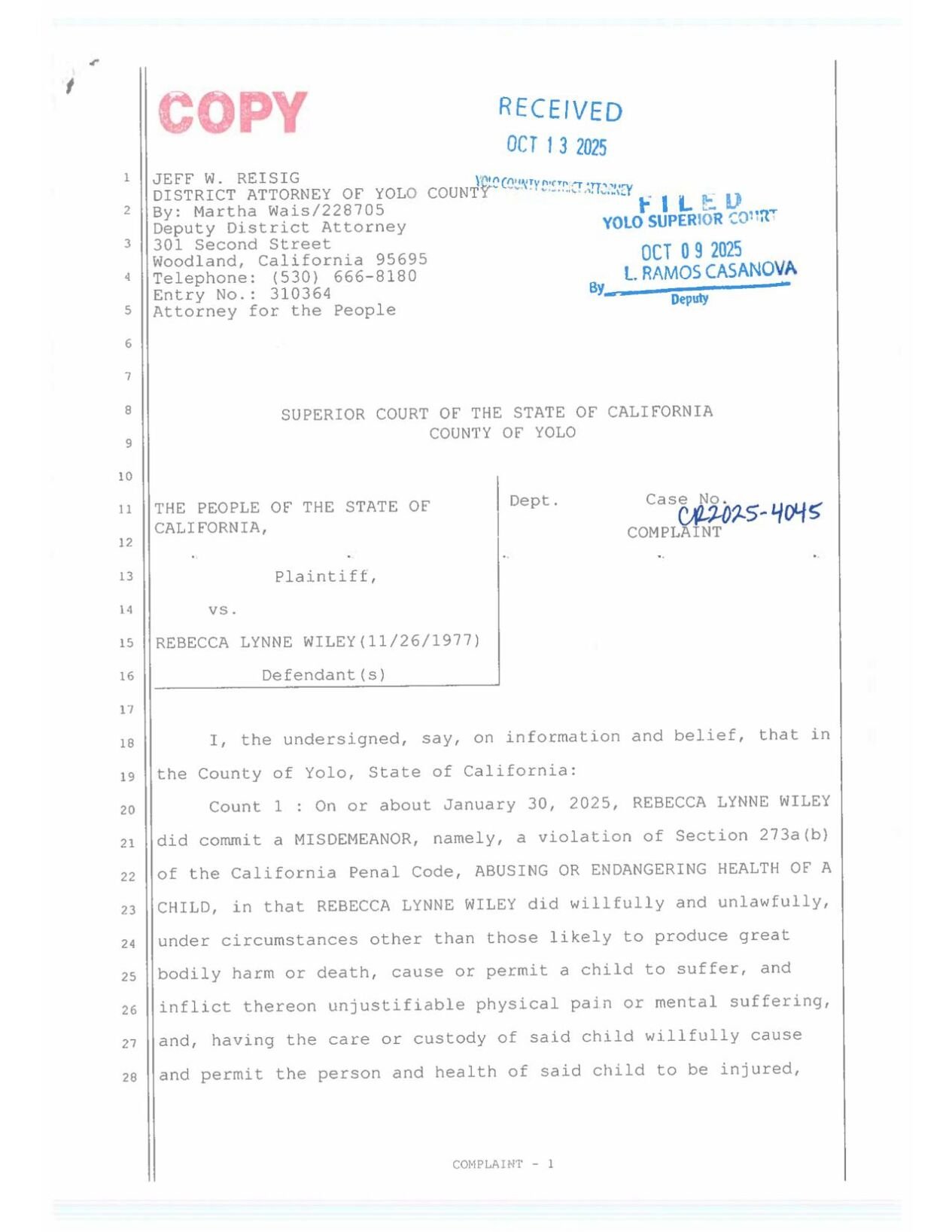 Rebecca Wiley complaint | | davisenterprise.com