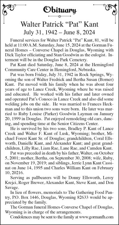Walter Patrick “Pat” Kant | Obituaries | douglas-budget.com