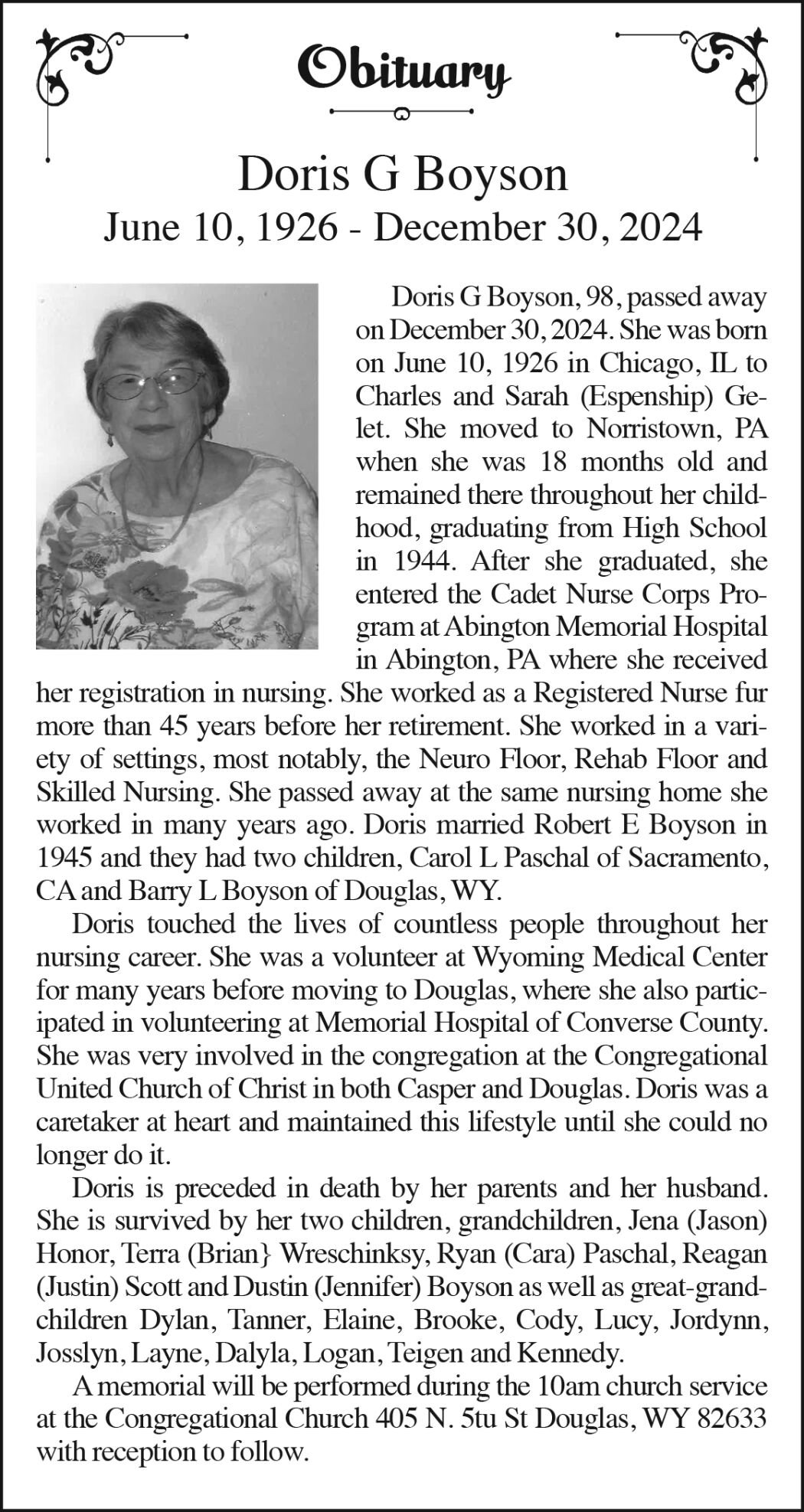 Doris G Boyson | Obituaries | douglas-budget.com