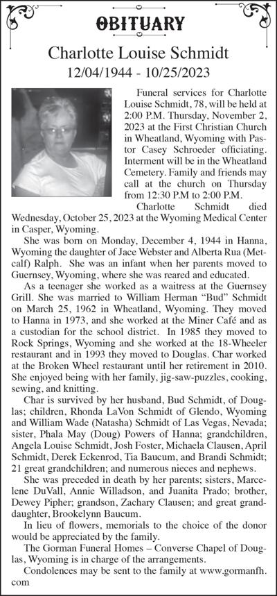 Charlotte Louise Schmidt | Obituaries | douglas-budget.com