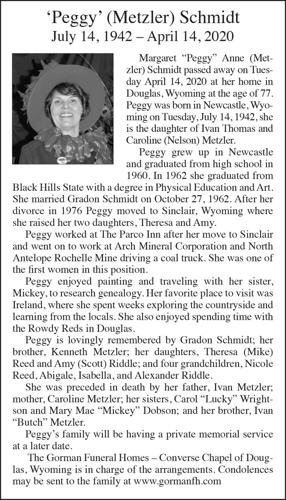 Margaret “Peggy” Anne (Metzler) Schmidt | Obituaries | douglas-budget.com