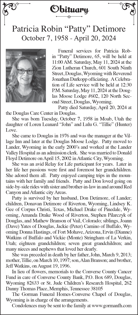 Patricia Robin “Patty” Detimore | Obituaries | douglas-budget.com