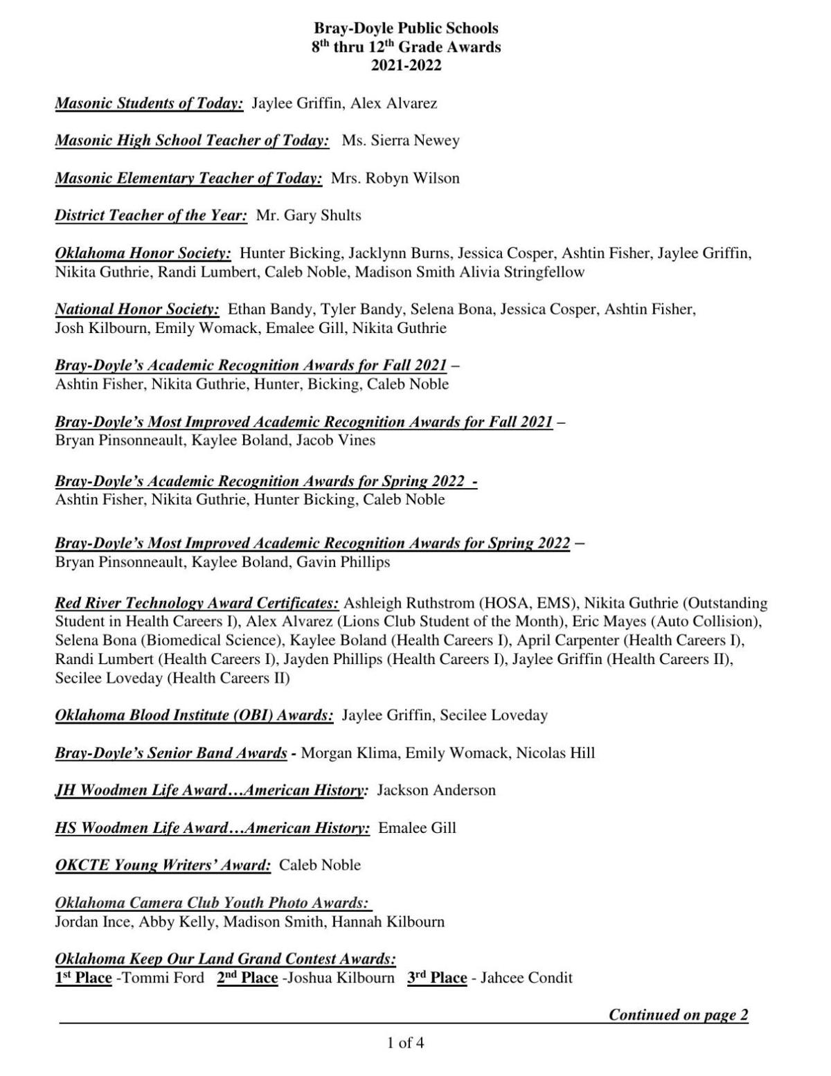 Bray-Doyle Public Schools: 2021-2022 awards | Community | duncanbanner.com