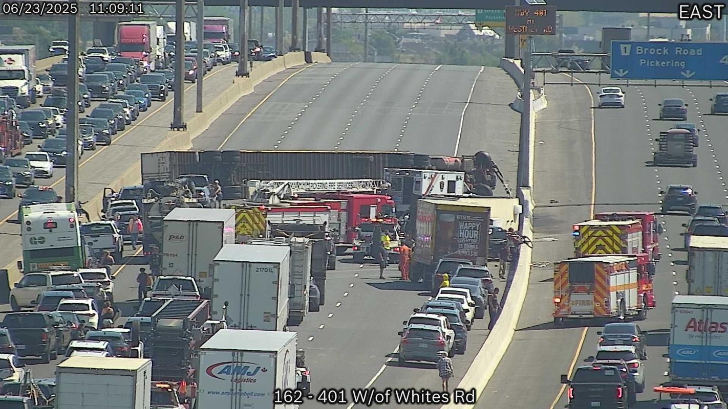 Tractor-trailer rollover closes Highway 401 in Pickering