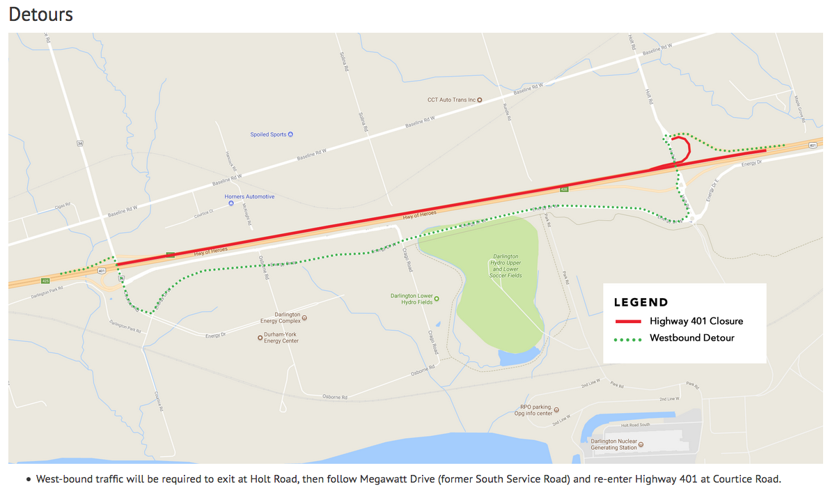 Nightly closures of Highway 401 westbound lanes in Clarington this weekend