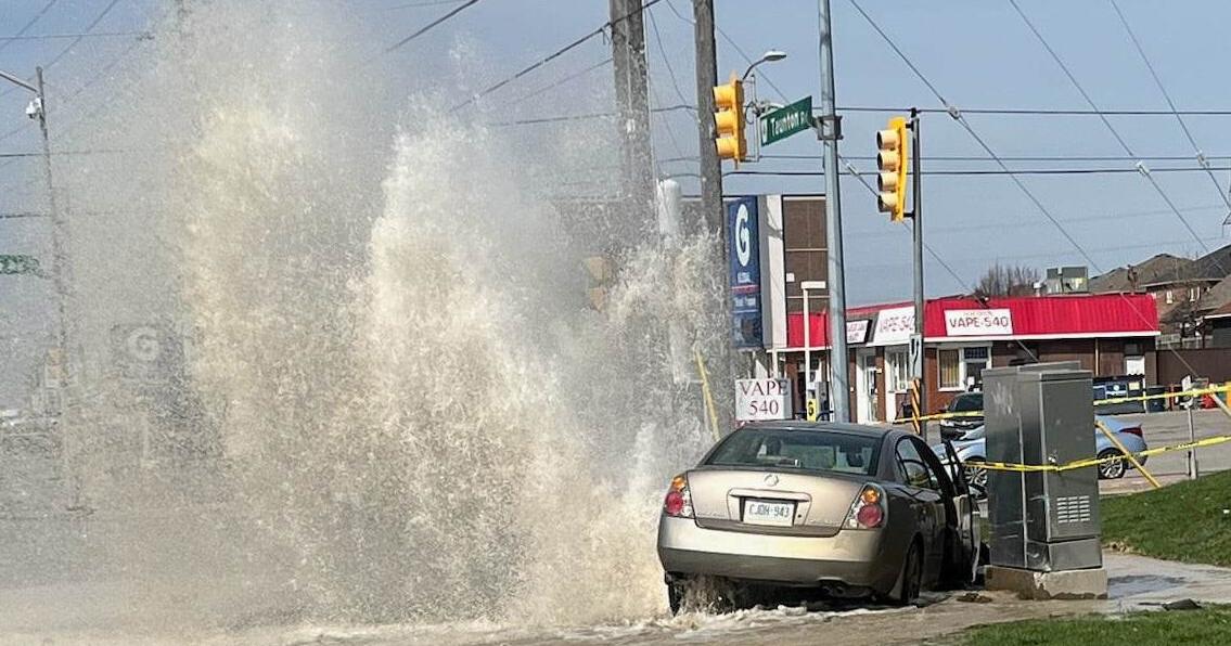WHAT A GUSHER: Fire hydrant bursts after being hit by car in Oshawa