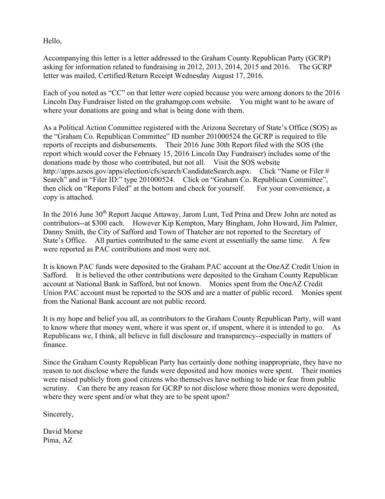 Cover letter to GOP members | Local News Stories | eacourier.com