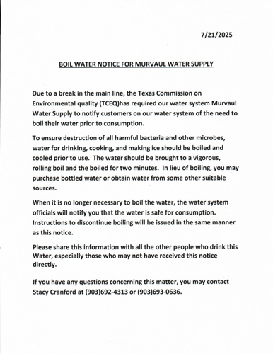 Boil Water Notice for Murvaul Water Supply | Kgas | easttexastoday.com