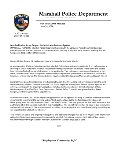 Marshall Police Arrest 19-Year-Old on Capital Murder Charge in Deadly ...