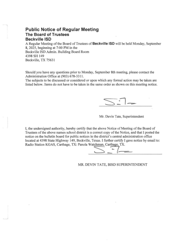 Beckville ISD Board to Hold Regular Meeting September 8 | Kgas ...