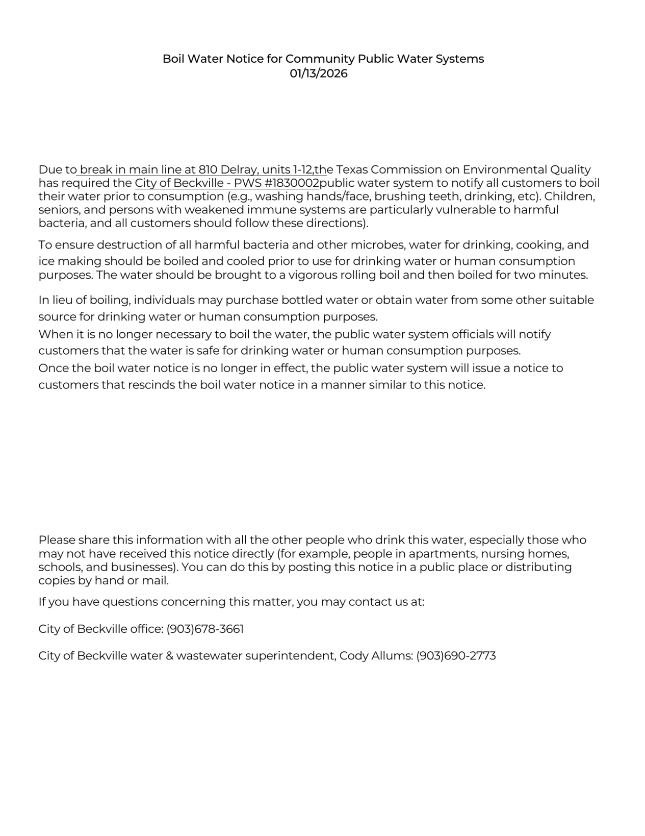 Boil Water Notice for City of Beckville Water Supply | Kgas ...