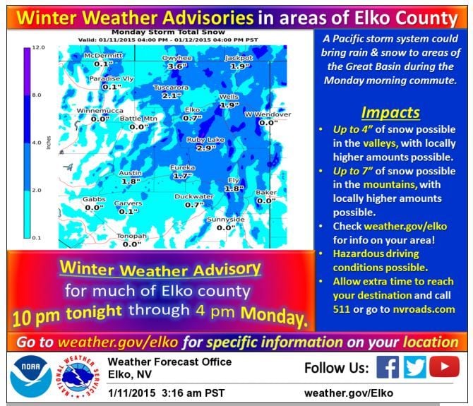 Elko County under winter weather advisory