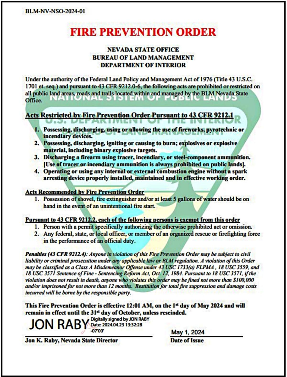 Nevada BLM Fire Prevention Order