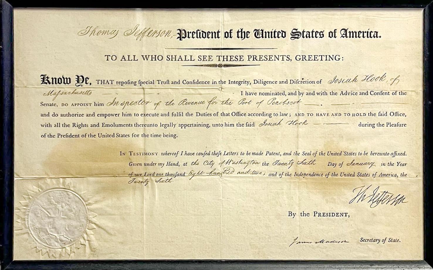 Document signed by Jefferson, Madison will stay in Castine | History ...