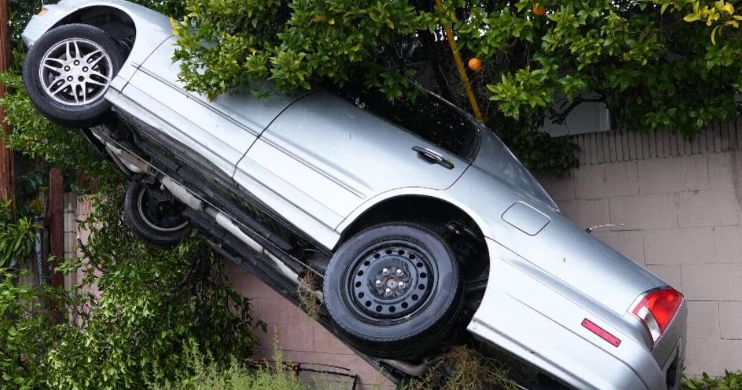 Car crashes into light pole and comes to a complete stop sitting ...