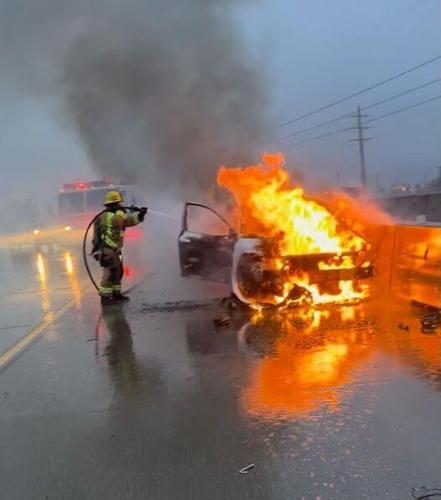 One person is injured as vehicle strikes truck and catches on fire on ...
