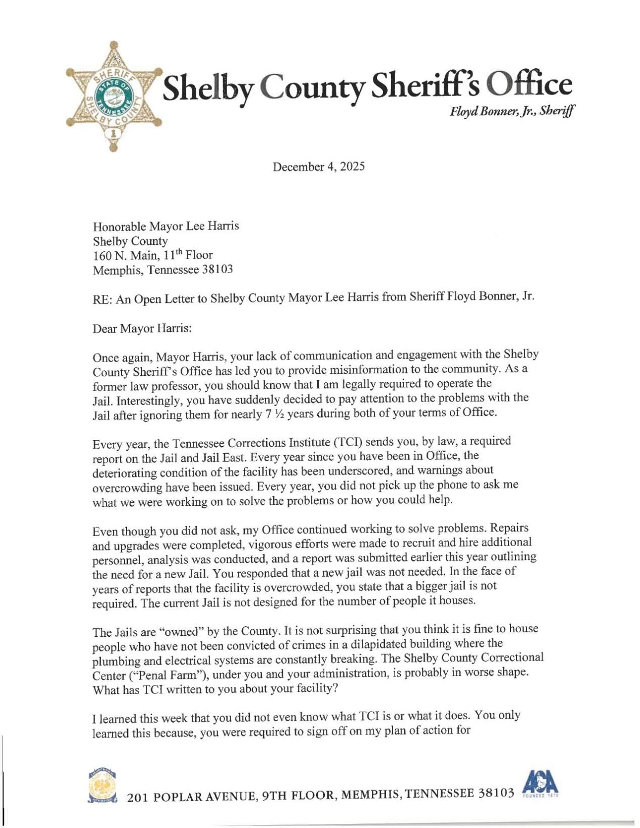SCSO Sheriff releases open letter to Shelby County mayor outlining ...