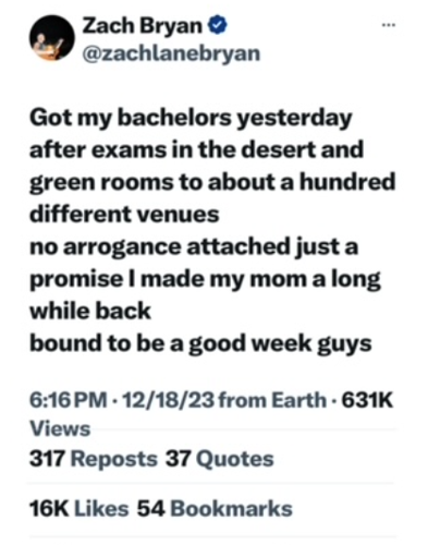 Zach Bryan gets degree on the road | News | fox23.com