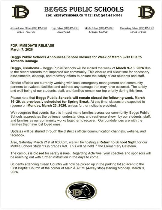 Beggs community begins recovery after deadly tornado damages school ...