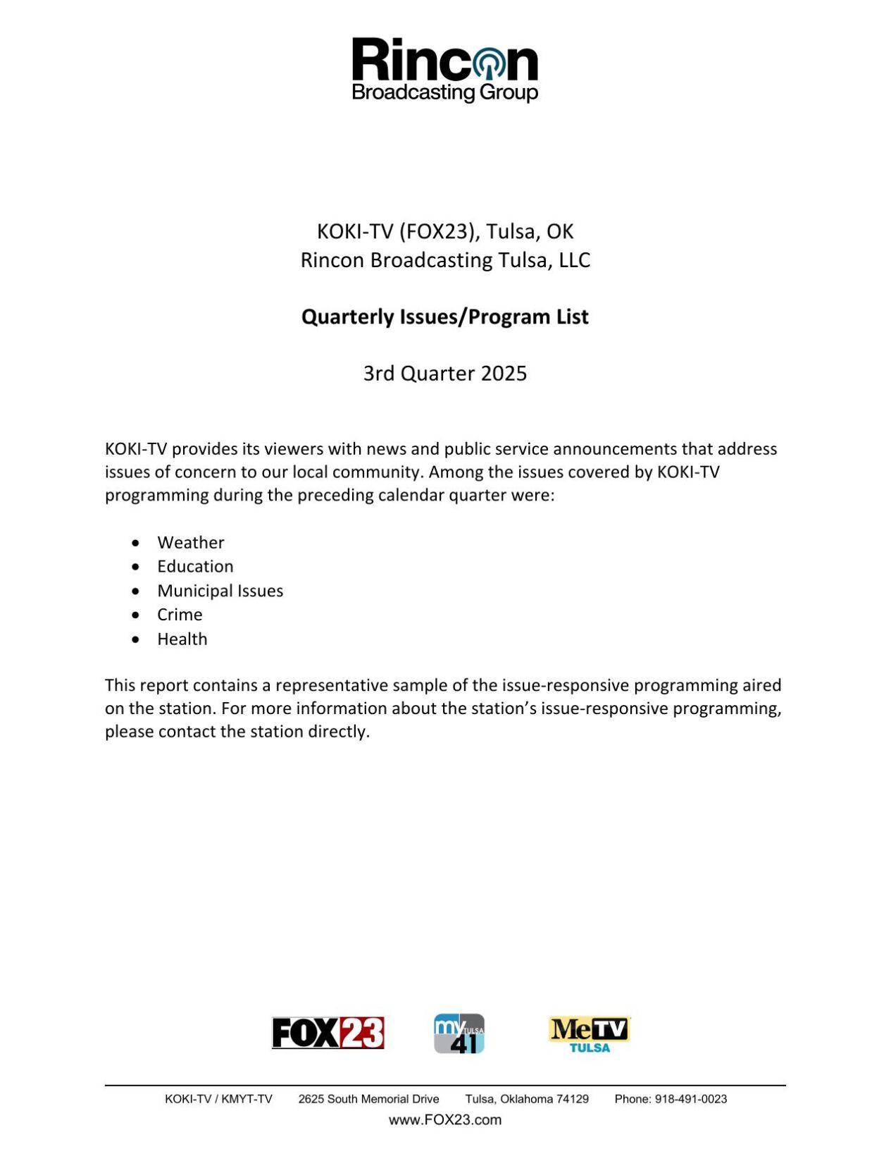 3rd Quarter 2025 Issue Report KOKI-TV | | fox23.com