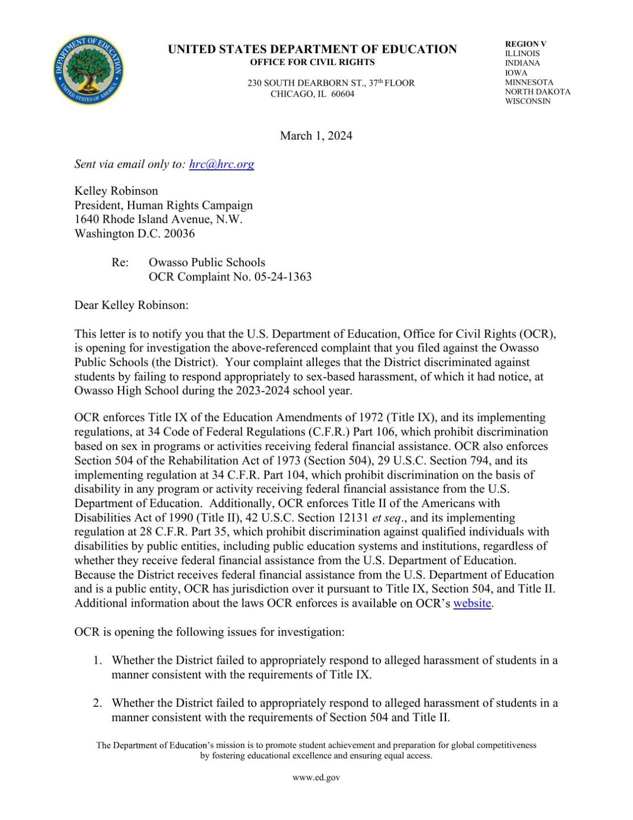 U.S. Department of Education opening investigation into Owasso Public ...