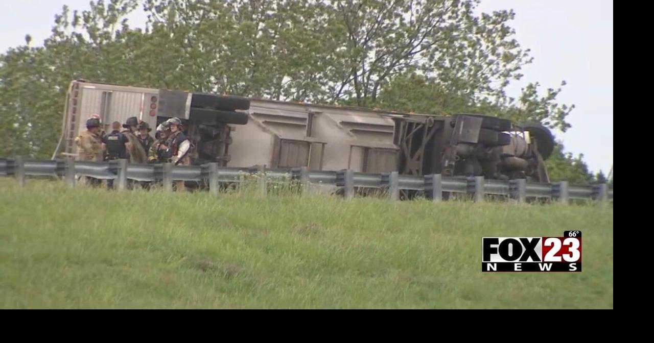 Video: Roadway back open after overturned semi catches on fire in Tulsa ...