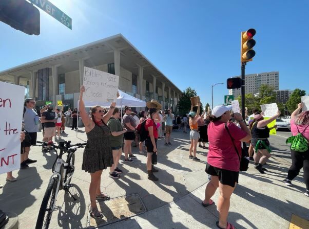 Demonstrators at the Tulsa County Courthouse protest the Roe v Wade ...