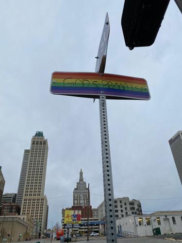 Vandals write on pride sign in downtown Tulsa, Dennis R Neill Equality ...
