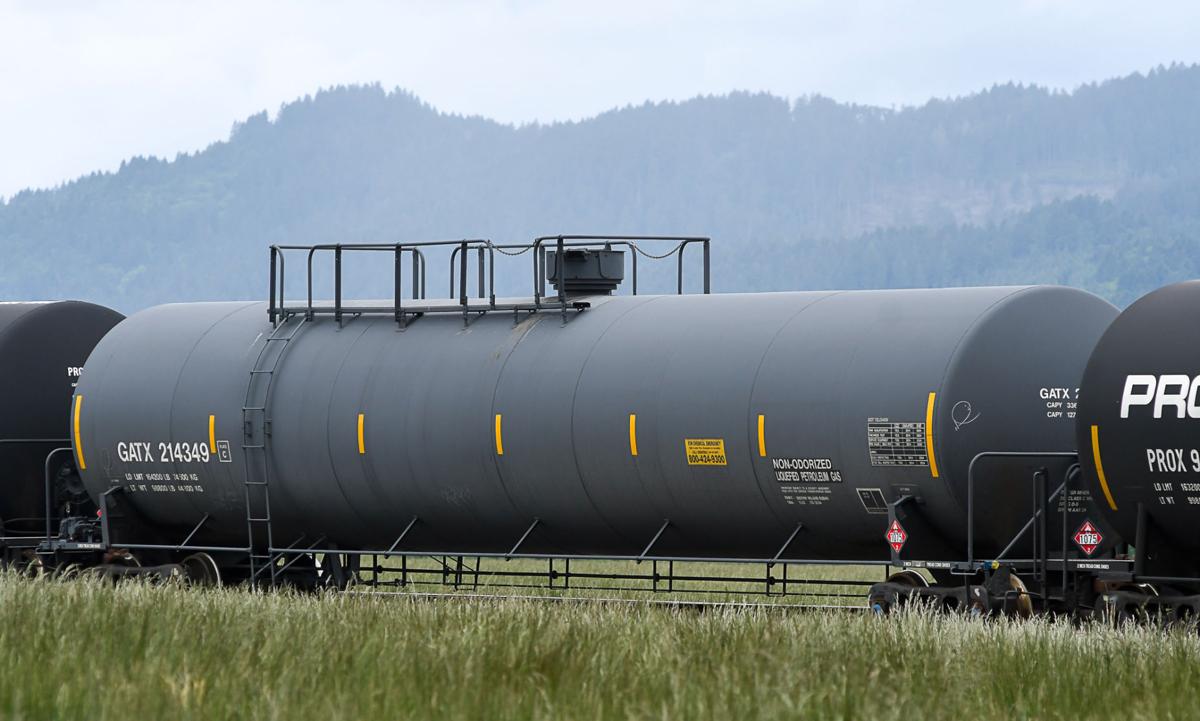 Liquefied petroleum gas stored in rail cars near U.S. Highway 20 ...