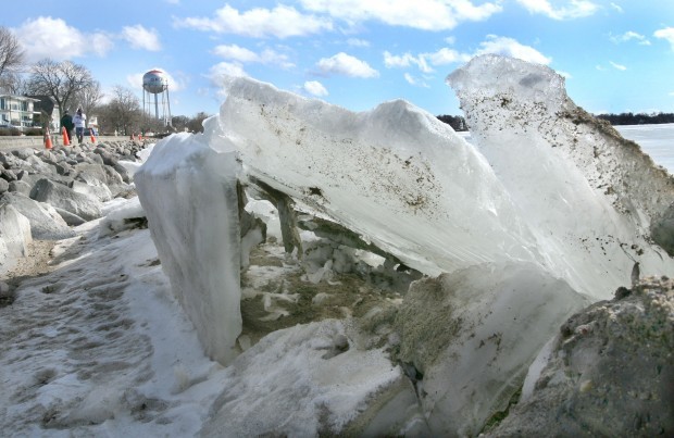 Ice piles up at Clear Lake
