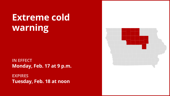 Update: Iowa under an extreme cold warning Tuesday midday