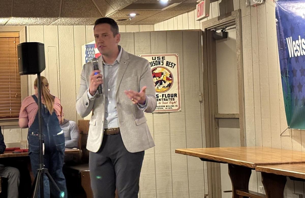 Iowa gubernatorial candidate Zach Lahn speaks in Urbandale