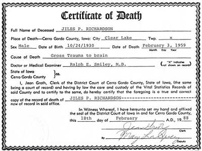 Death Certificate - Big Bopper
