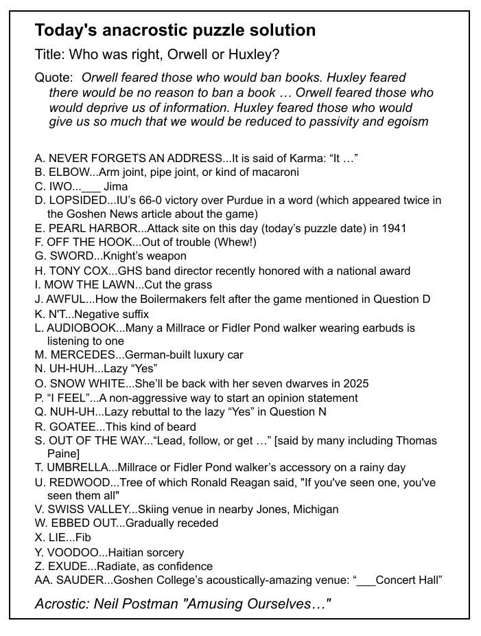 ACROSTIC PUZZLE: Who was right, Orwell or Huxley? | News | goshennews.com