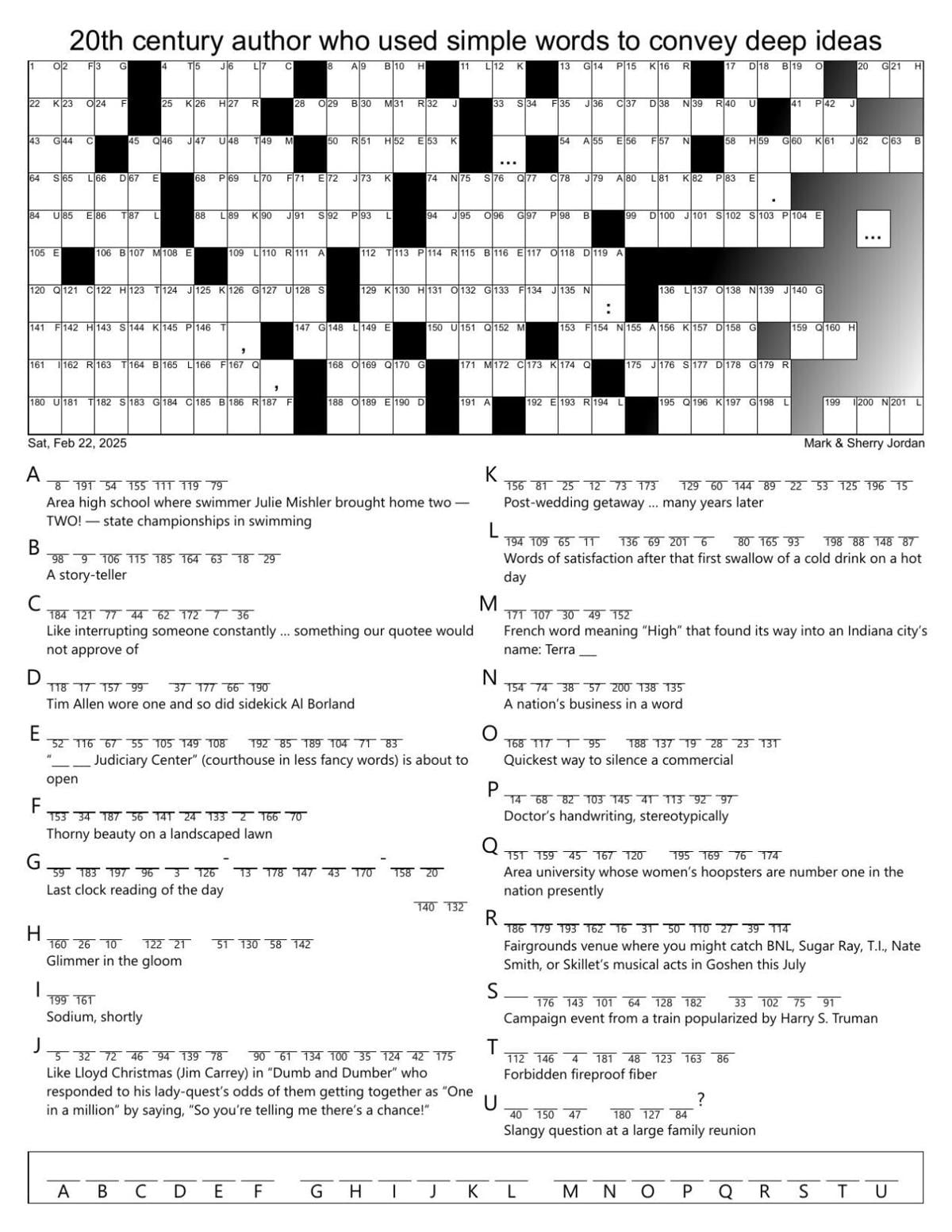 ACROSTIC: 20th century author who used simple words to convey deep ...